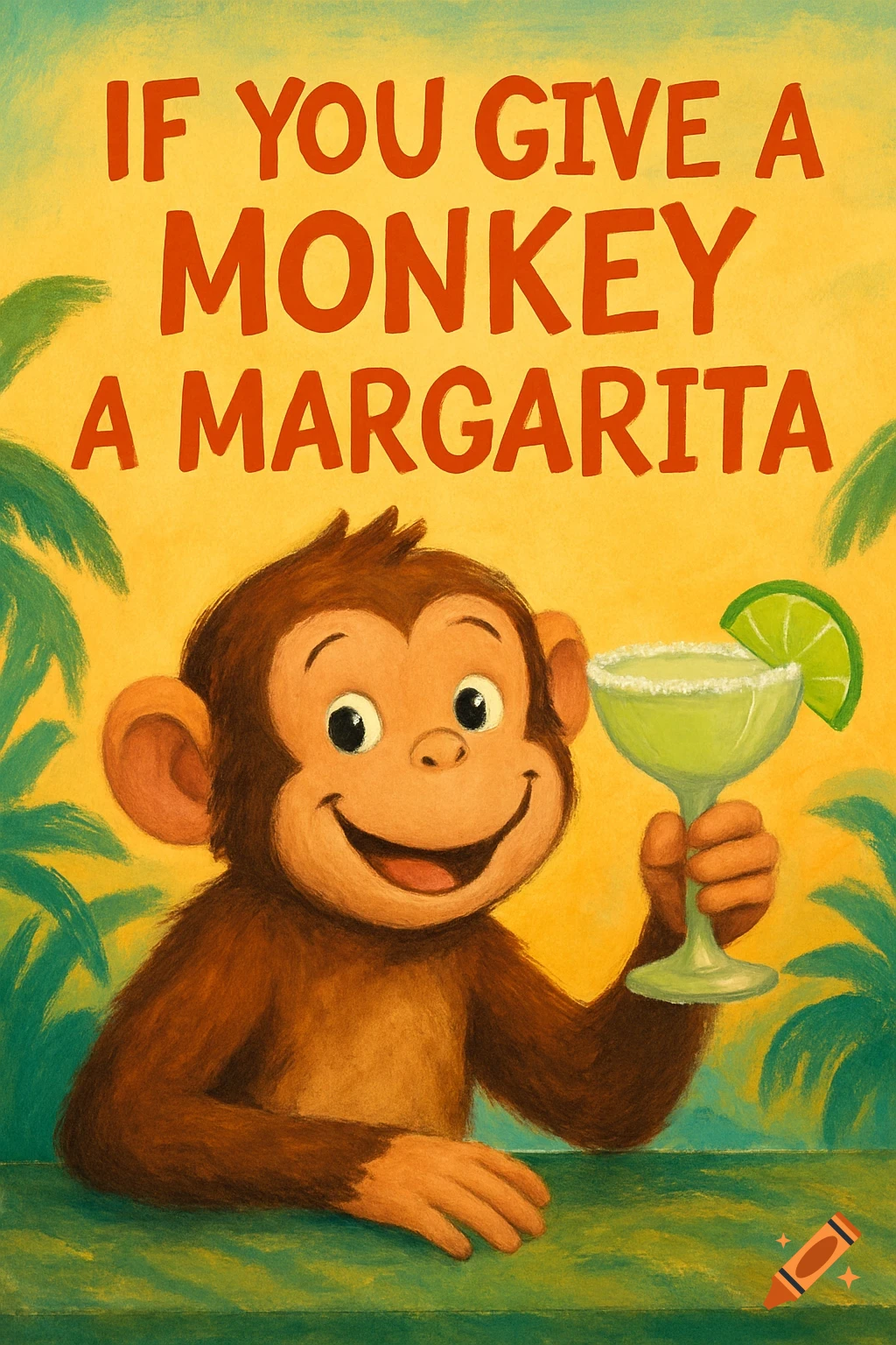 Cartoon monkey holding a margarita with text IF YOU GIVE A MONKEY A ...