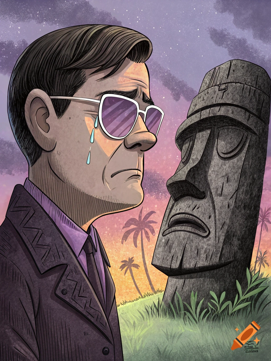 Portrait of a man looking at a Moai statue on Easter Island in an ...