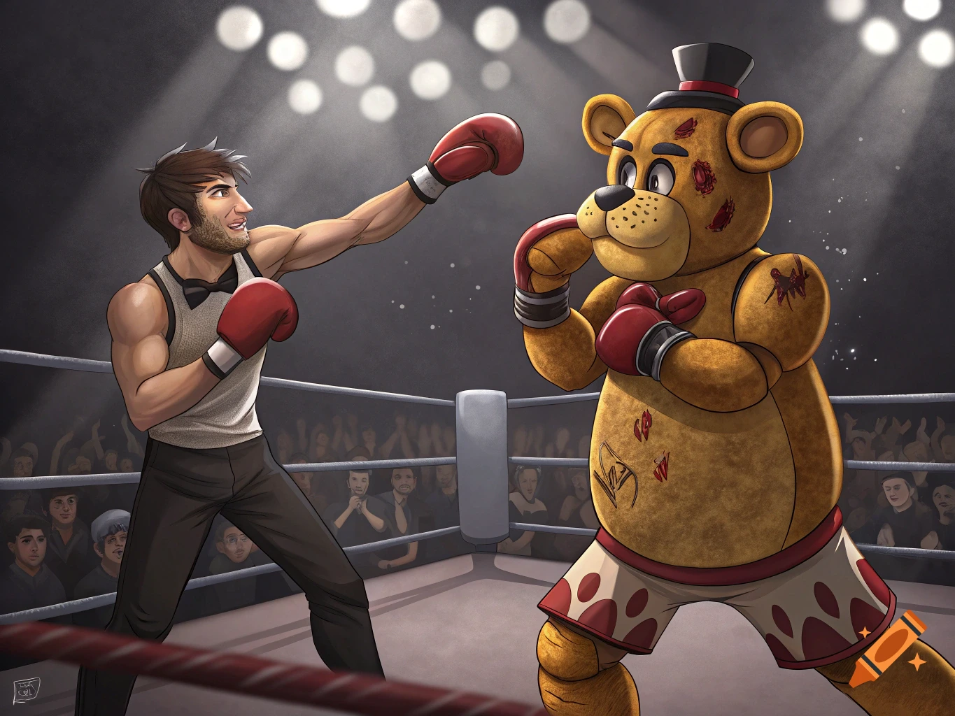 Markiplier boxing Freddy Fazbear on Craiyon