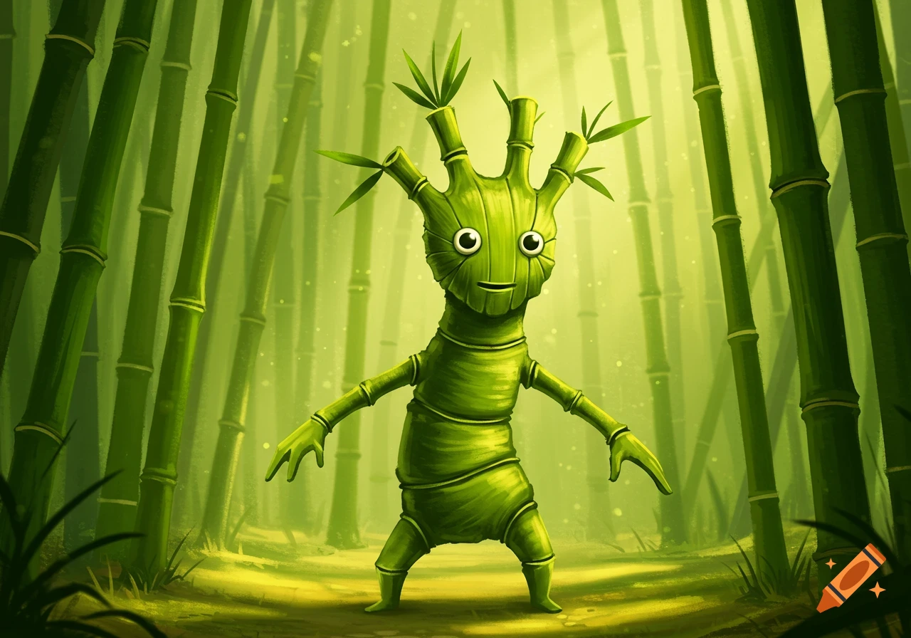 Cartoon bamboo creature standing in a bamboo forest. on Craiyon