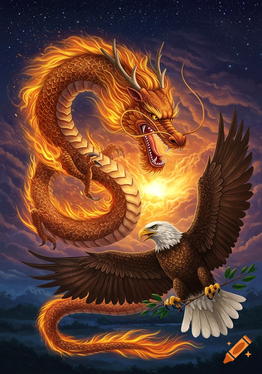 A fiery orange Chinese dragon flies above a bald eagle holding a branch ...