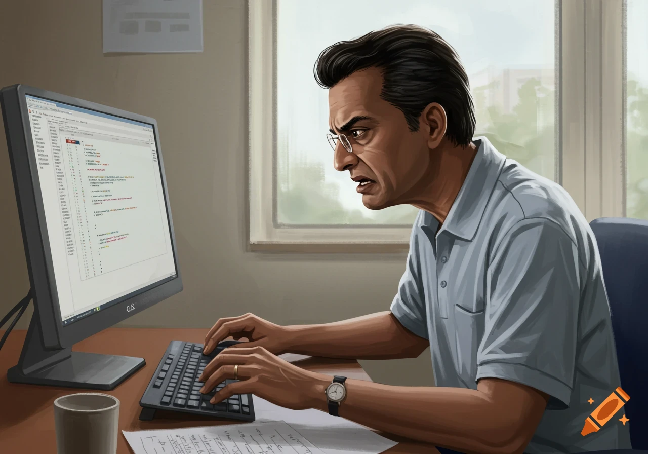 A frustrated man sits at a computer, typing. Illustrated style. on Craiyon
