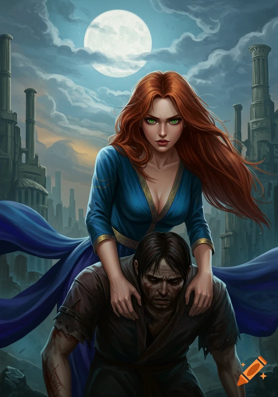 Red-haired woman with green eyes supports wounded man in fantasy ruins ...