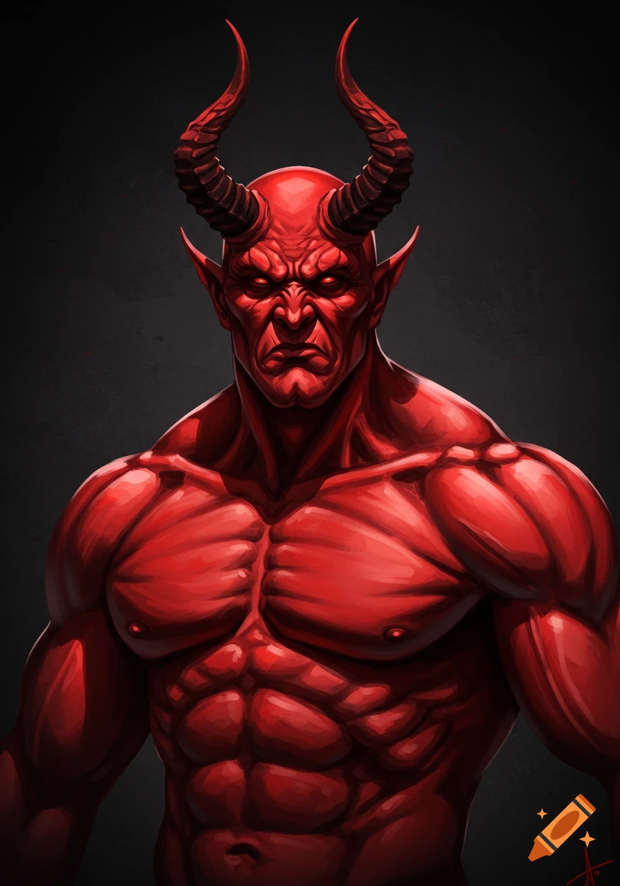 A muscular red devil with horns and glowing eyes looks displeased. on ...