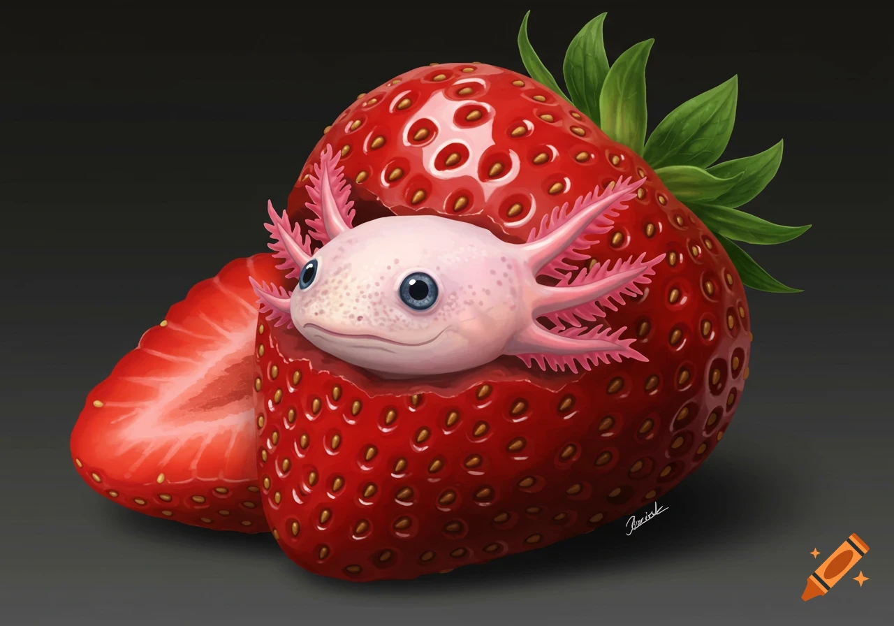 Axolotl head pops out of a large strawberry, next to a strawberry slice ...