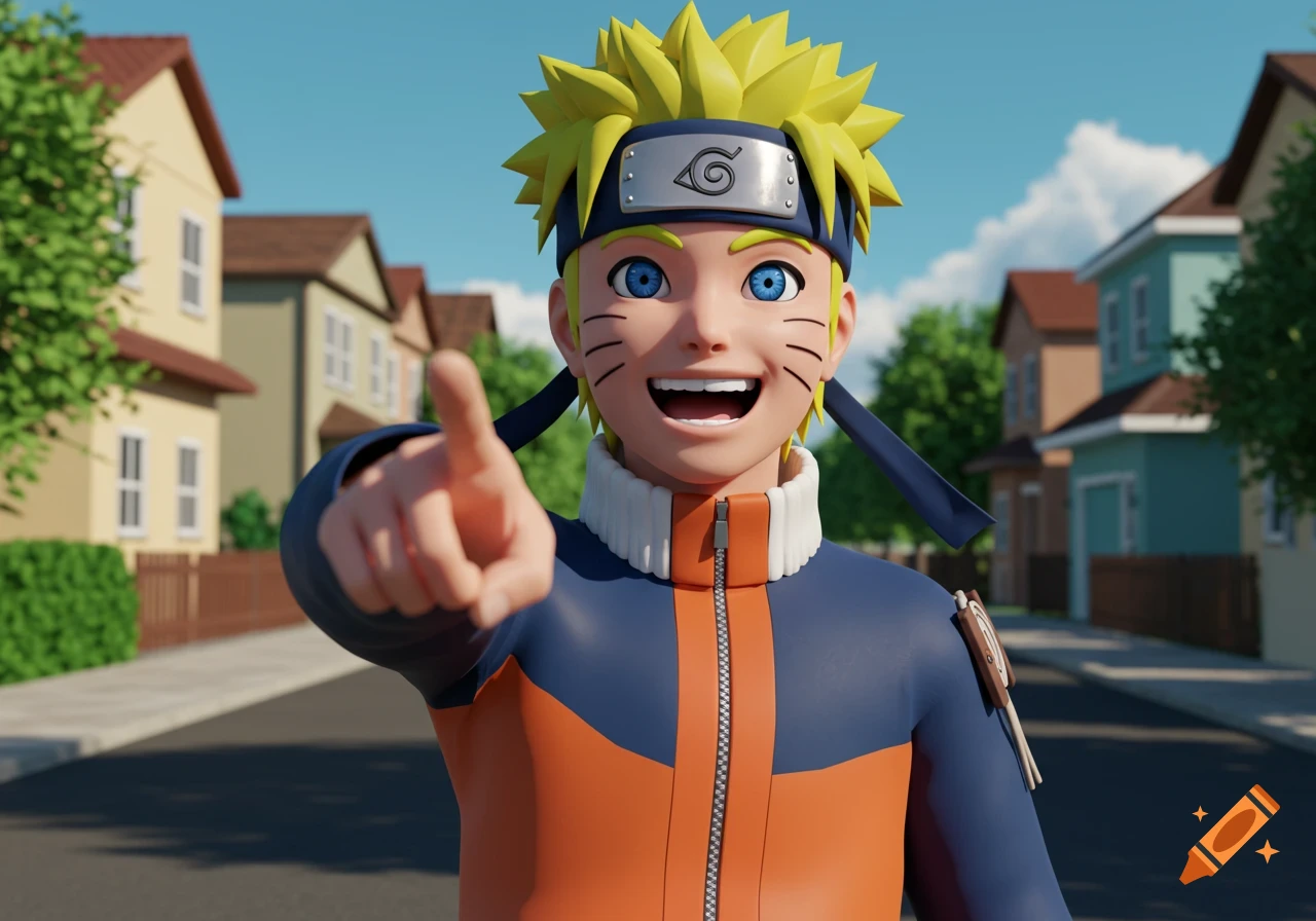 Hyper-realistic 3D render of Naruto Uzumaki smiling and pointing on Craiyon