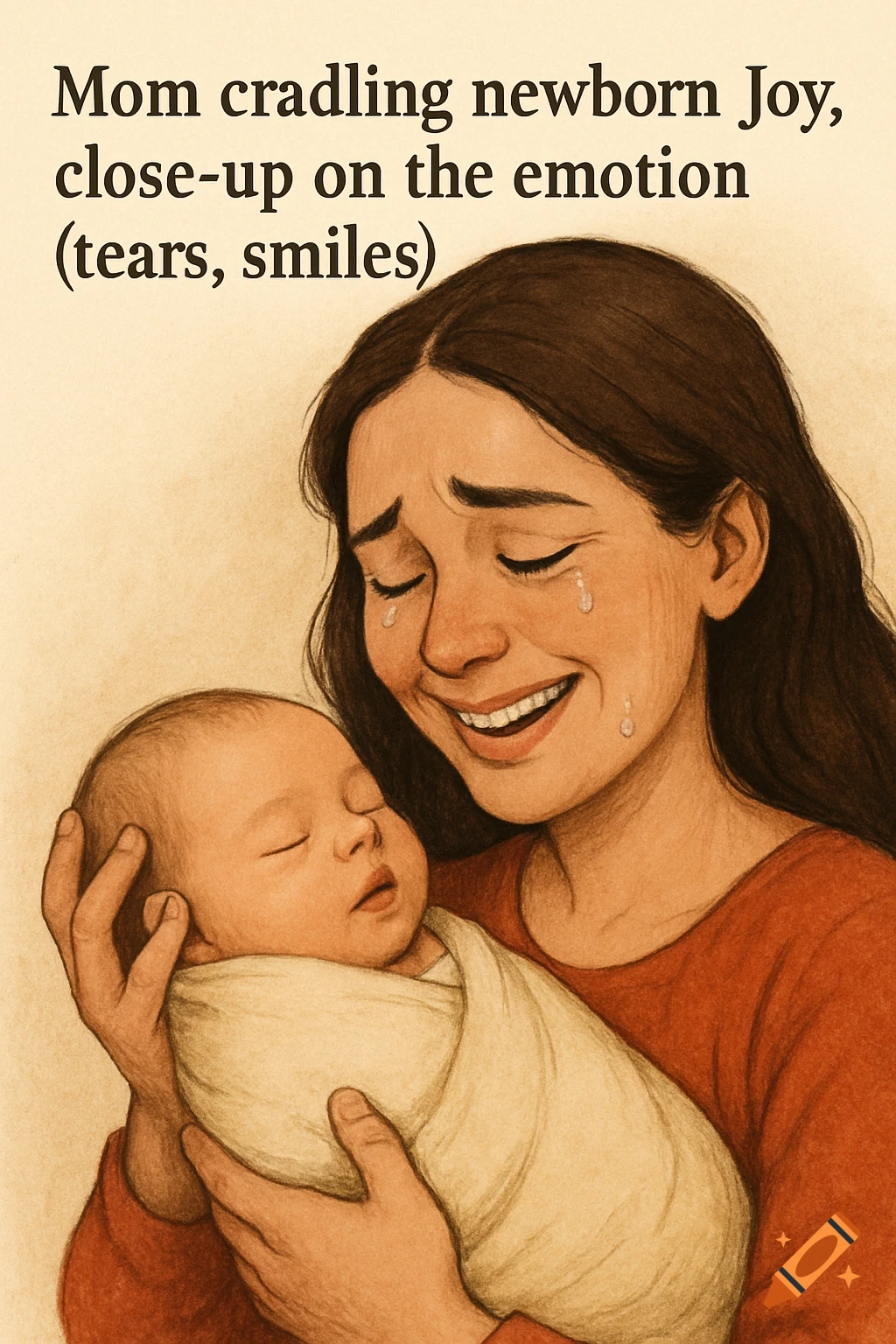 Illustration of a mother crying and smiling while holding a swaddled ...