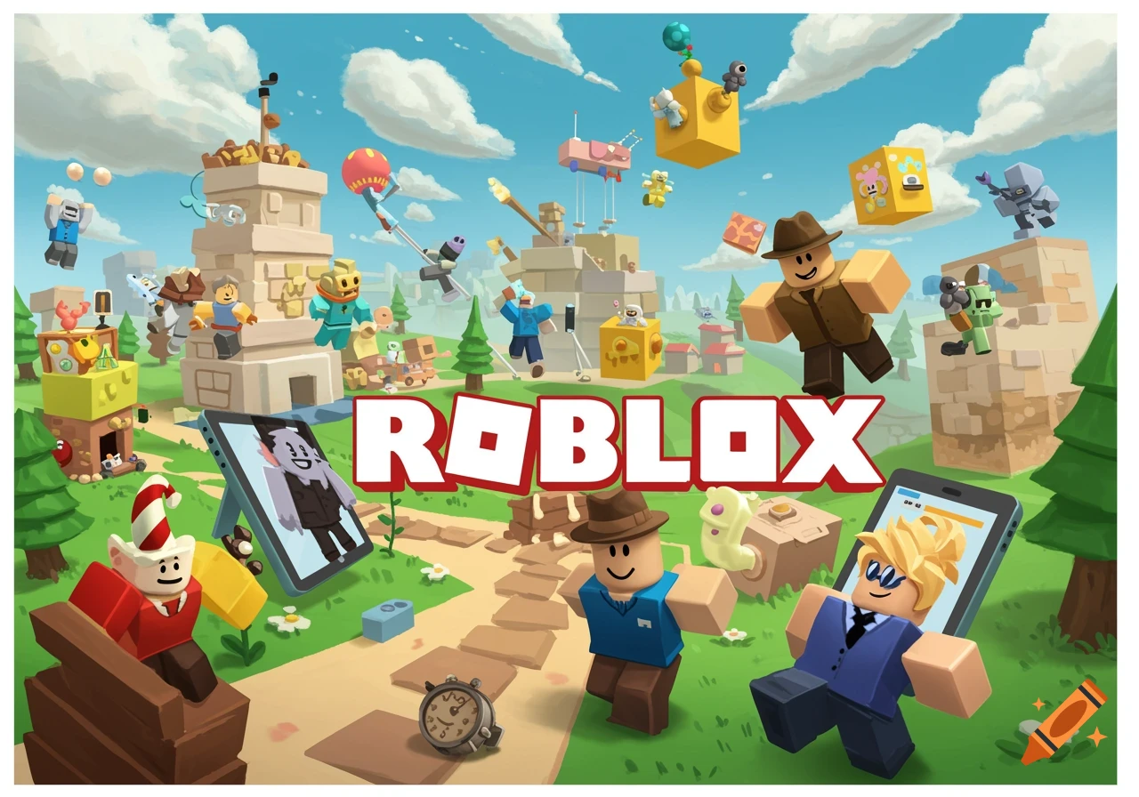 Blocky characters in a vibrant game world with the Roblox logo. on Craiyon