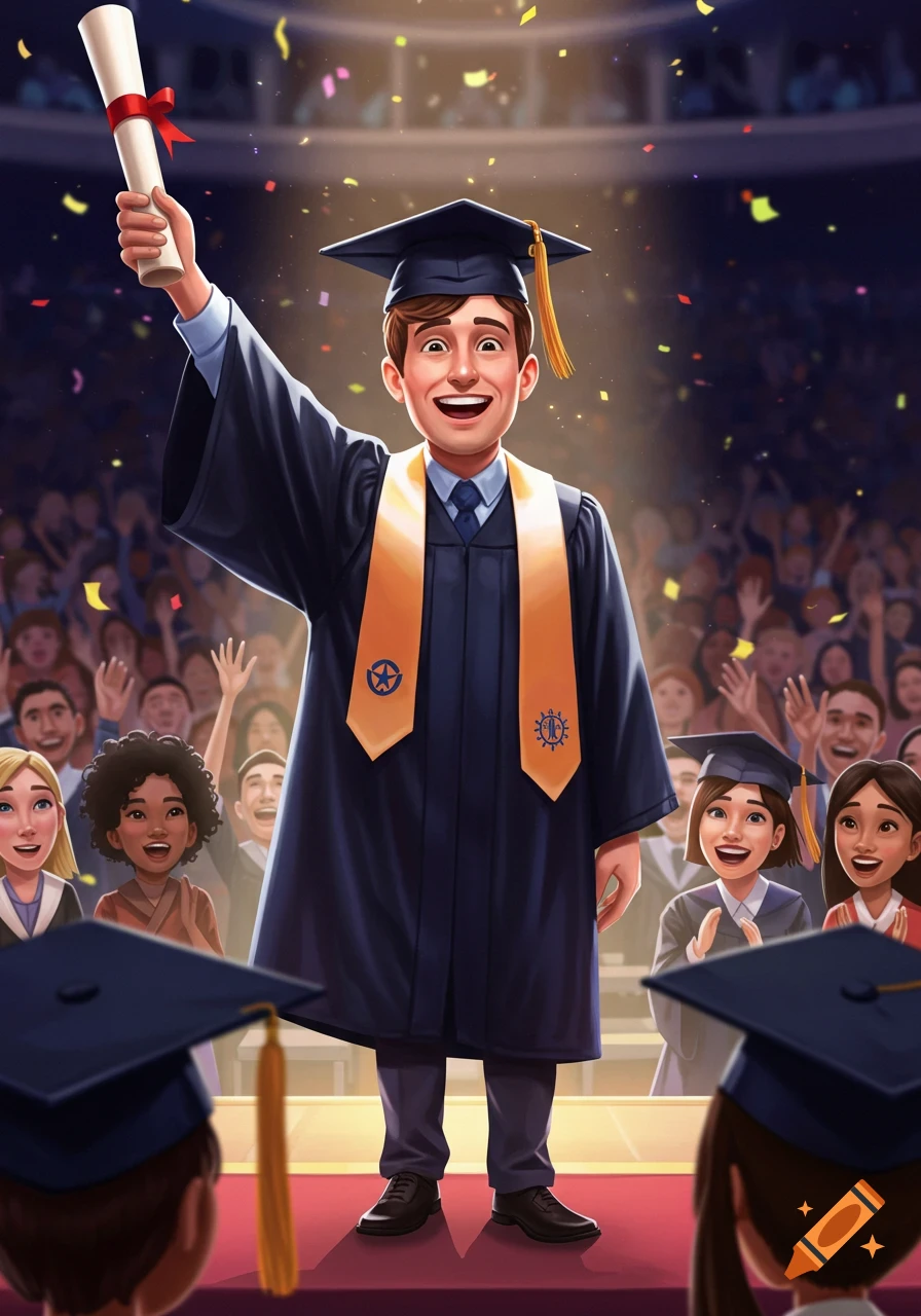 Vintage style illustration of children in graduation caps and gowns ...