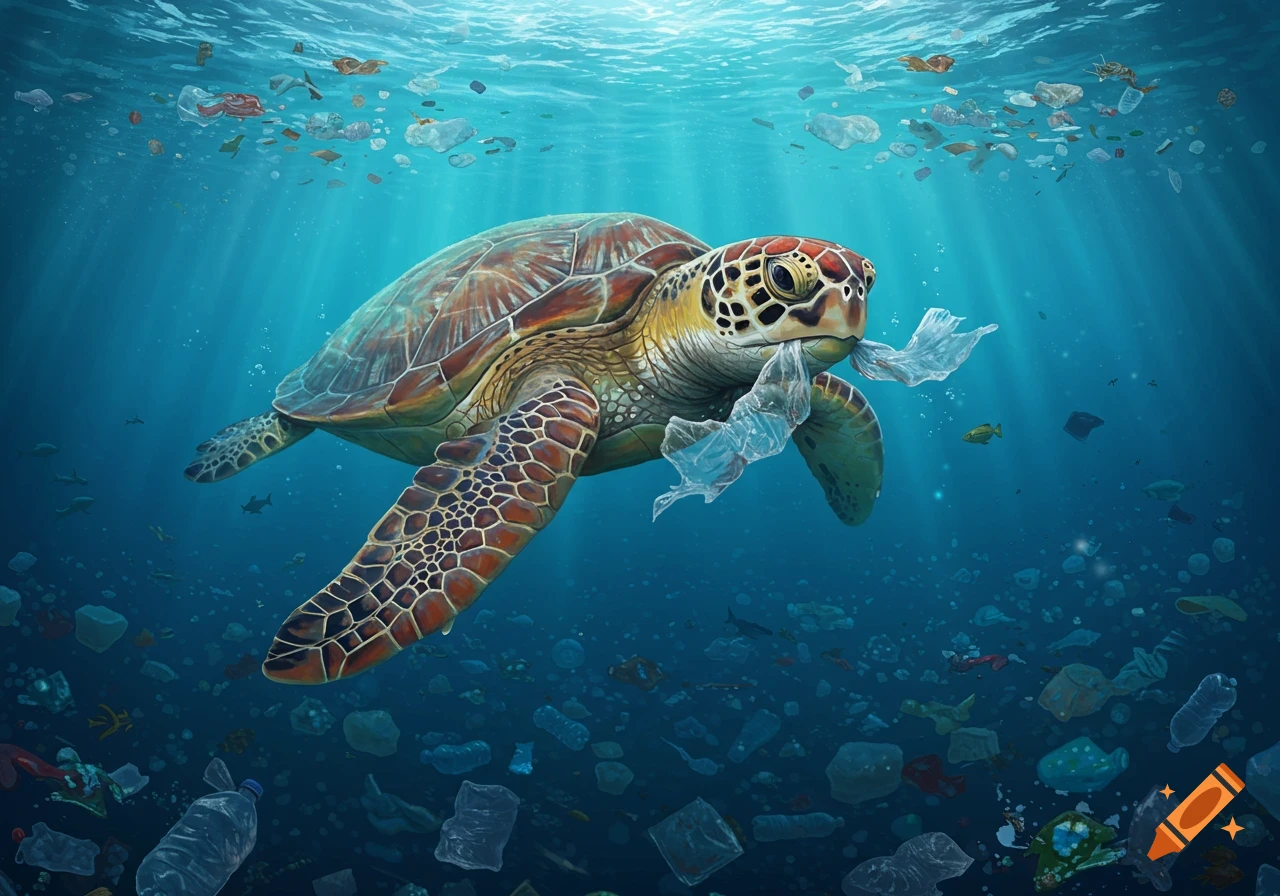 Turtle swimming in polluted ocean with plastic around its neck on Craiyon
