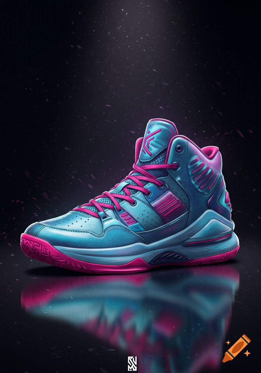A futuristic blue and pink basketball shoe on a dark background with a ...