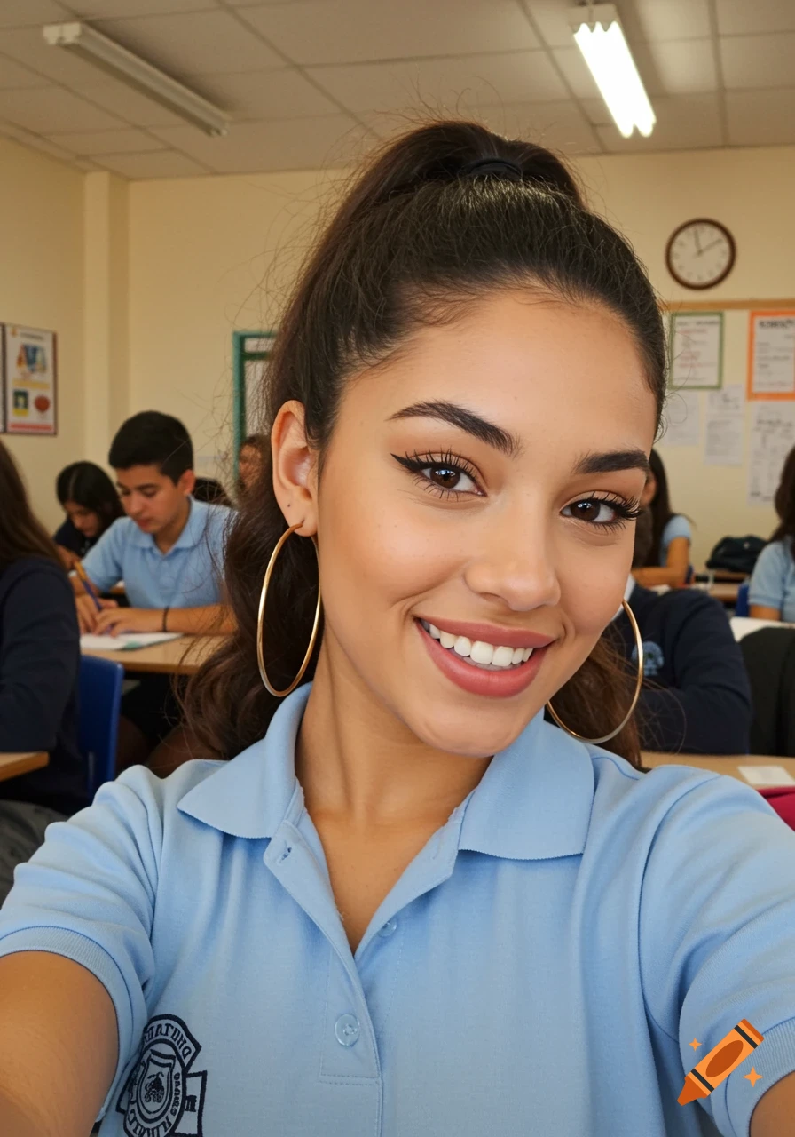 Three students in academic uniforms in a classroom, one girl poses on a ...