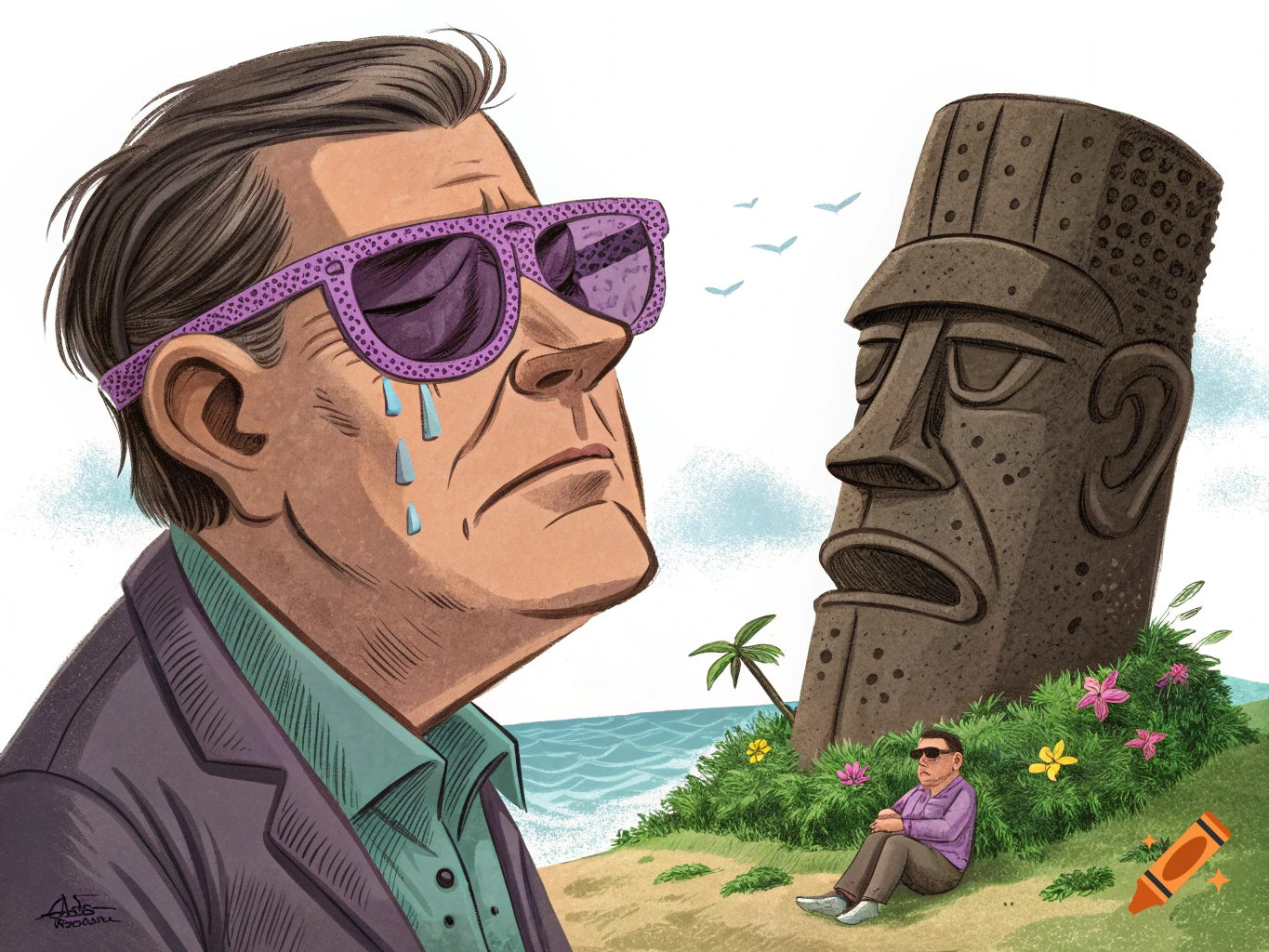 Boyd Rice caricature with destroyed tiki moai head on Craiyon