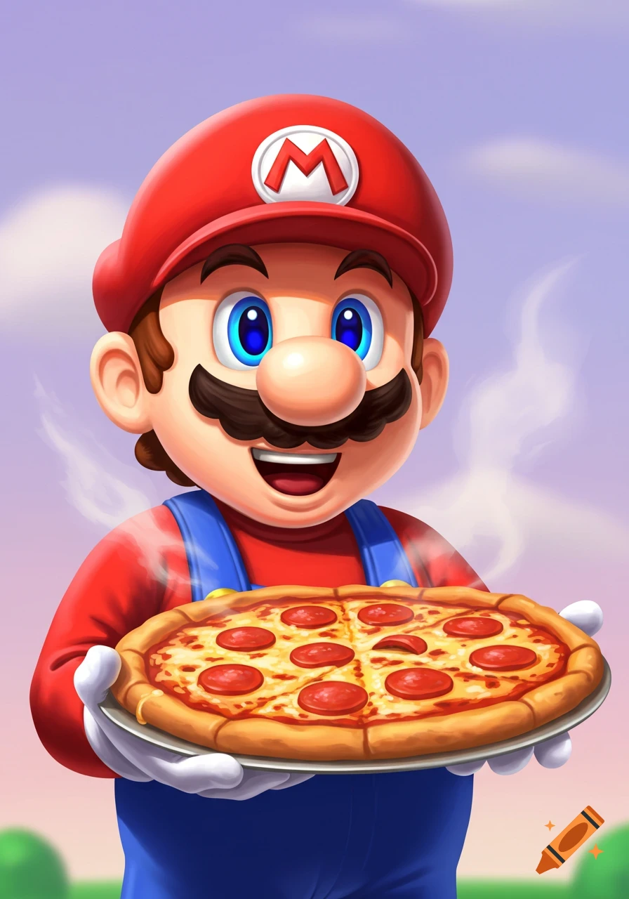 Mario holds a steaming pepperoni pizza on Craiyon