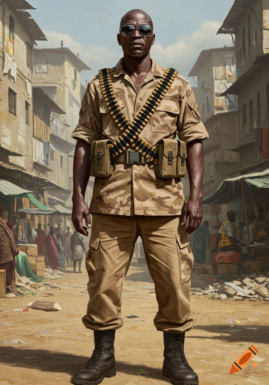 African warlord in camouflage with sunglasses surveying a slum on Craiyon