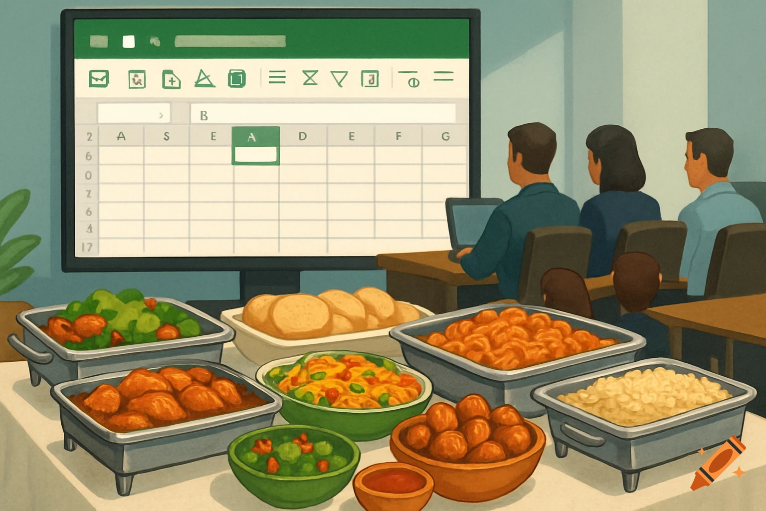 Food buffet integrated with Microsoft Excel for an Accounts team on Craiyon