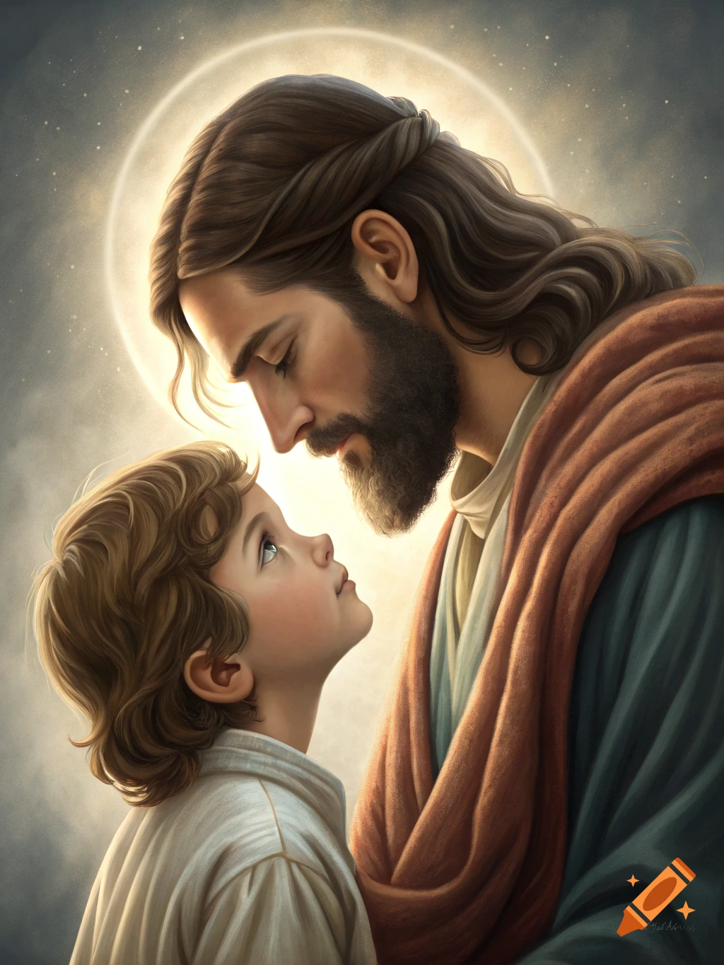 Jesus looks down at a child who gazes up at him, bathed in light, painterly style. on Craiyon