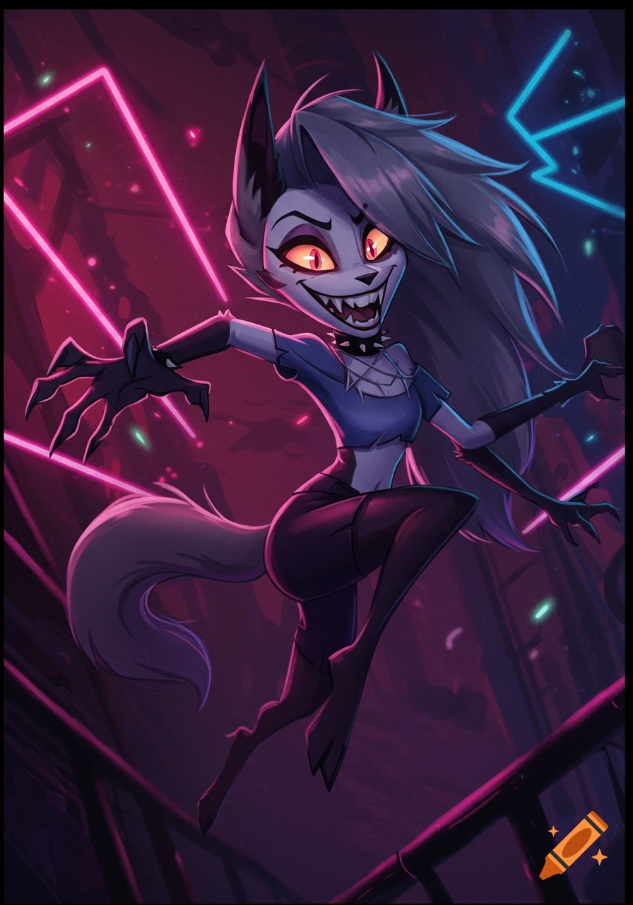 A stylized image of a character with long red hair, sharp teeth, and ...