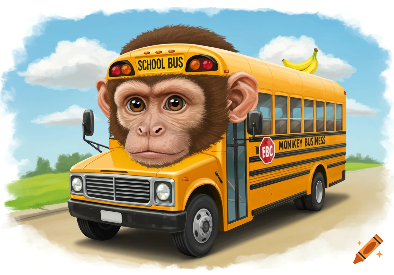 A cartoon illustration of a school bus with a monkey's head on the ...