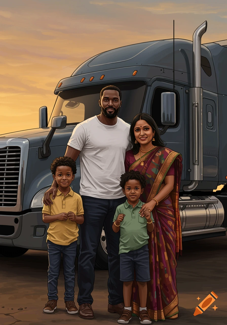 A multiethnic family stands in front of a semi-truck at sunset. on Craiyon