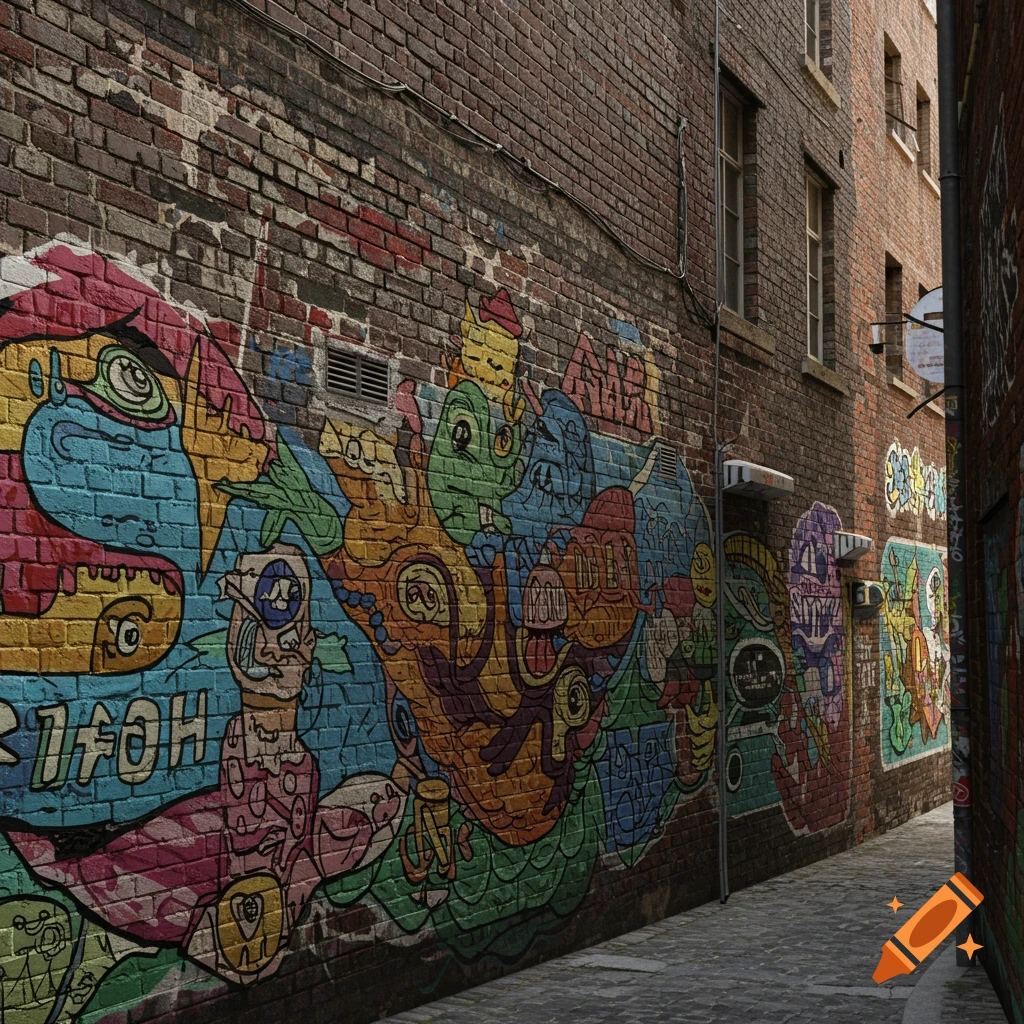 A narrow brick alleyway features vibrant, colorful graffiti murals on the walls. on Craiyon