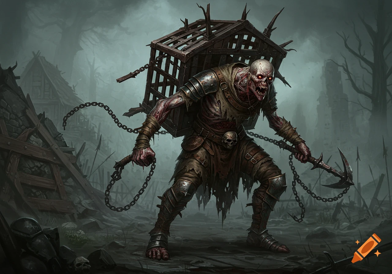 A terrifying undead creature with a spiked cage on its back stands in a dark, ruined battlefield ...