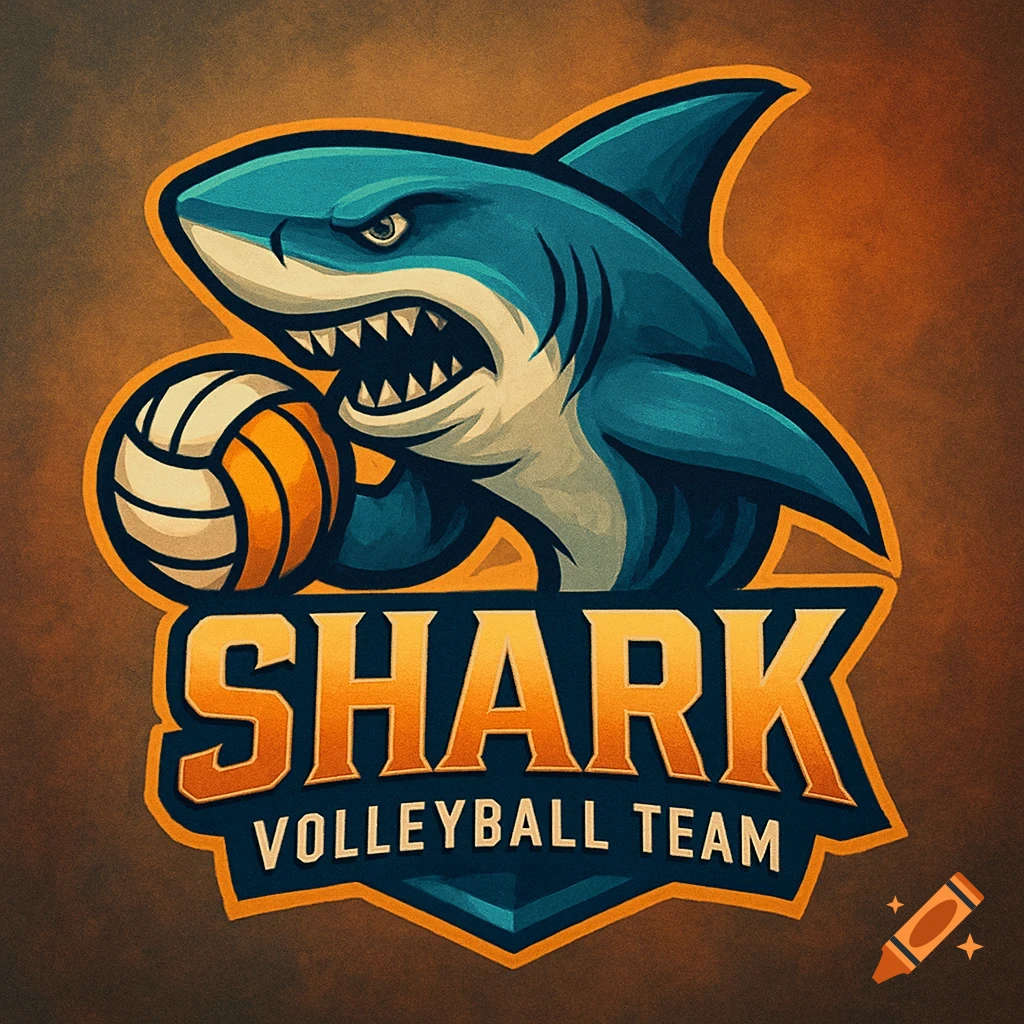 Logo of a shark holding a volleyball with text SHARK VOLLEYBALL TEAM on Craiyon