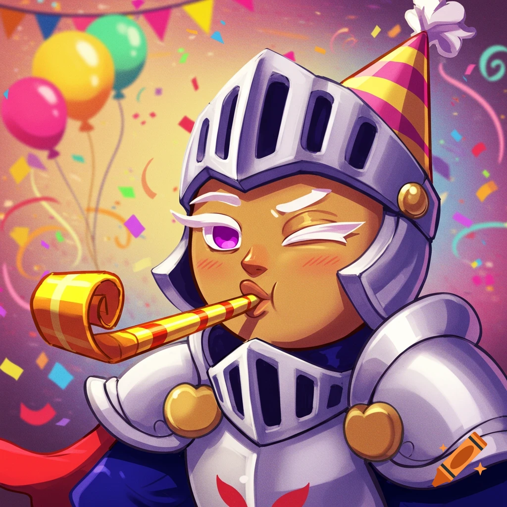 Cartoon knight character in a party hat blowing a party horn among ...