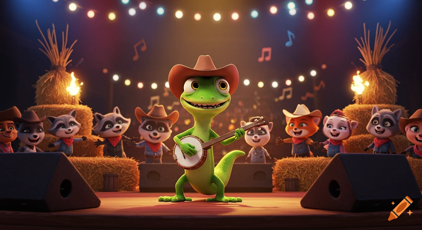Cartoon lizard plays banjo on a country concert stage with other ...