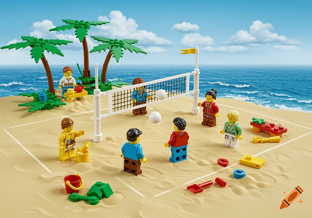 Lego minifigures play volleyball on a sandy beach with palm trees. on ...