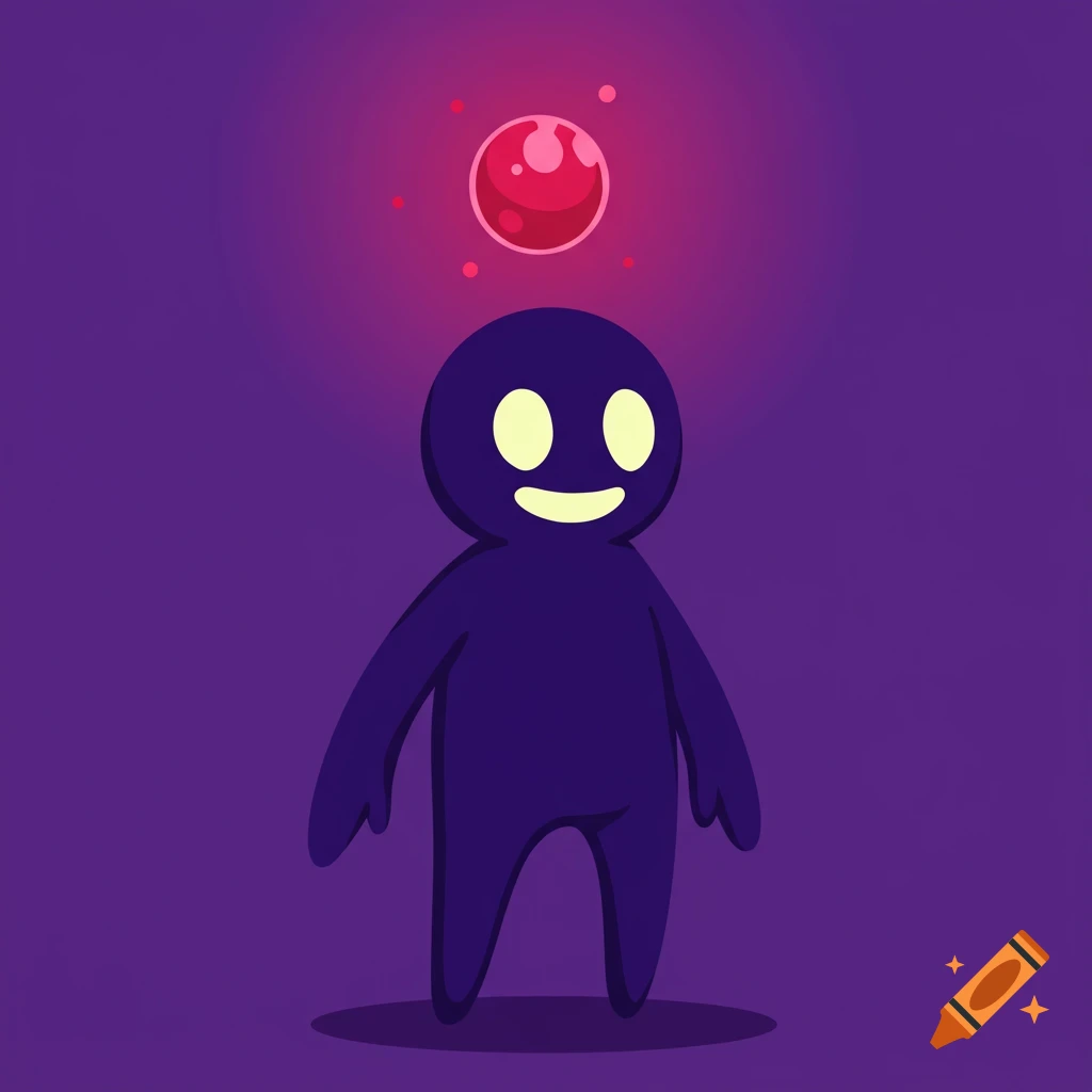 A cartoon purple shadow figure with glowing eyes and a red orb above ...