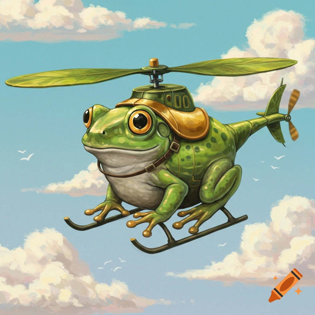 Cartoon frog acting as a helicopter flies through a cloudy sky. on Craiyon