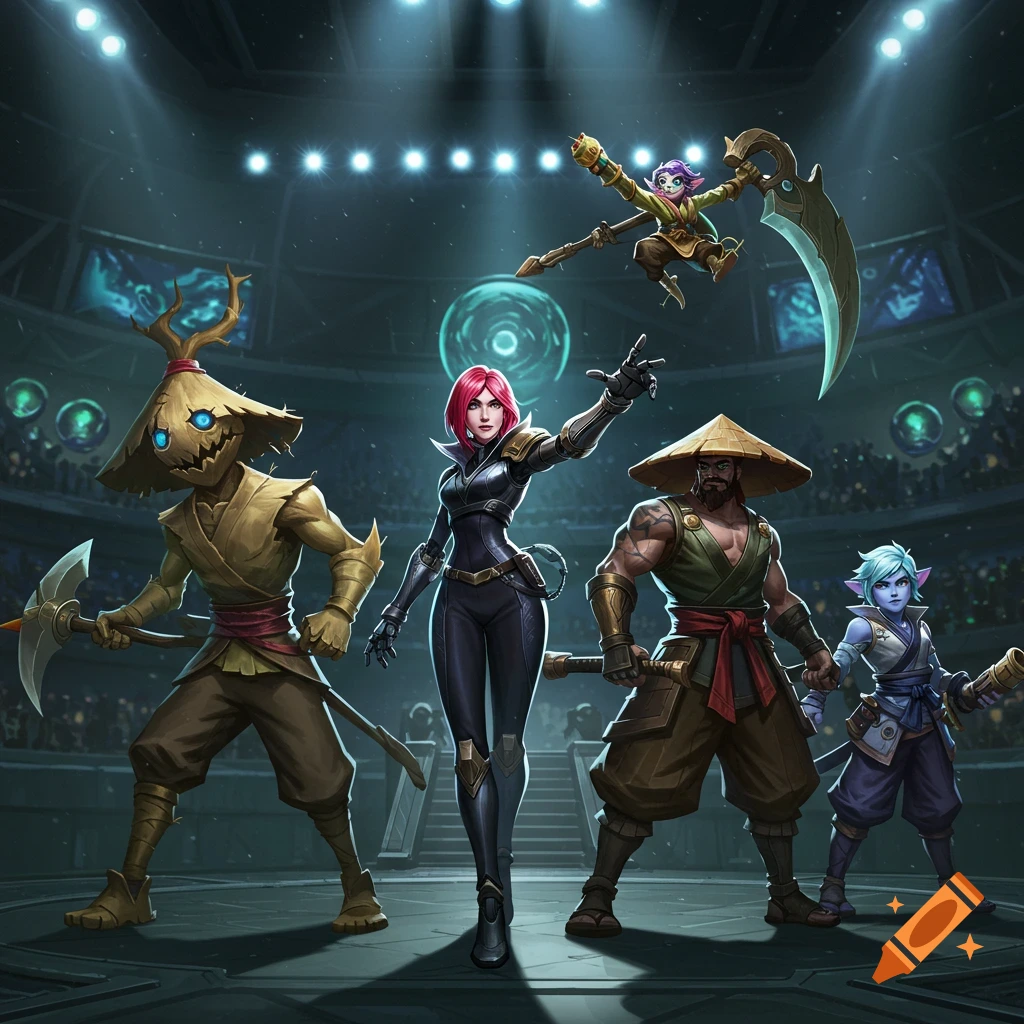 League of Legends characters in dynamic combat poses in a fantasy ...