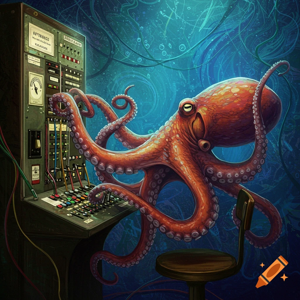 Digital painting of an octopus operating a large control panel ...
