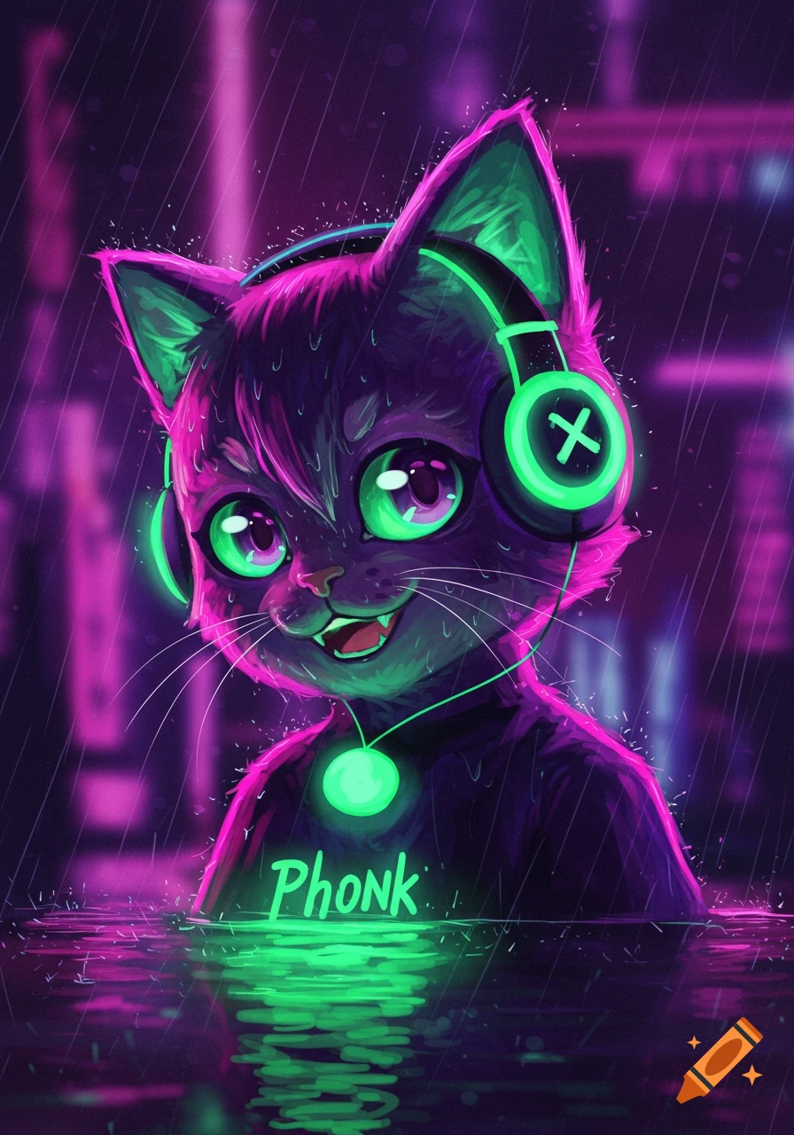 Digital painting of an anime cat wearing headphones in neon rain with ...