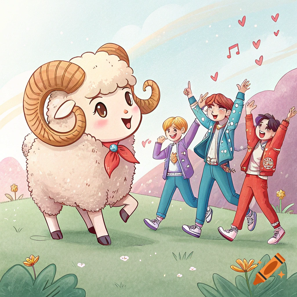 Cute cartoon illustration of a large ram and three cheerful characters ...