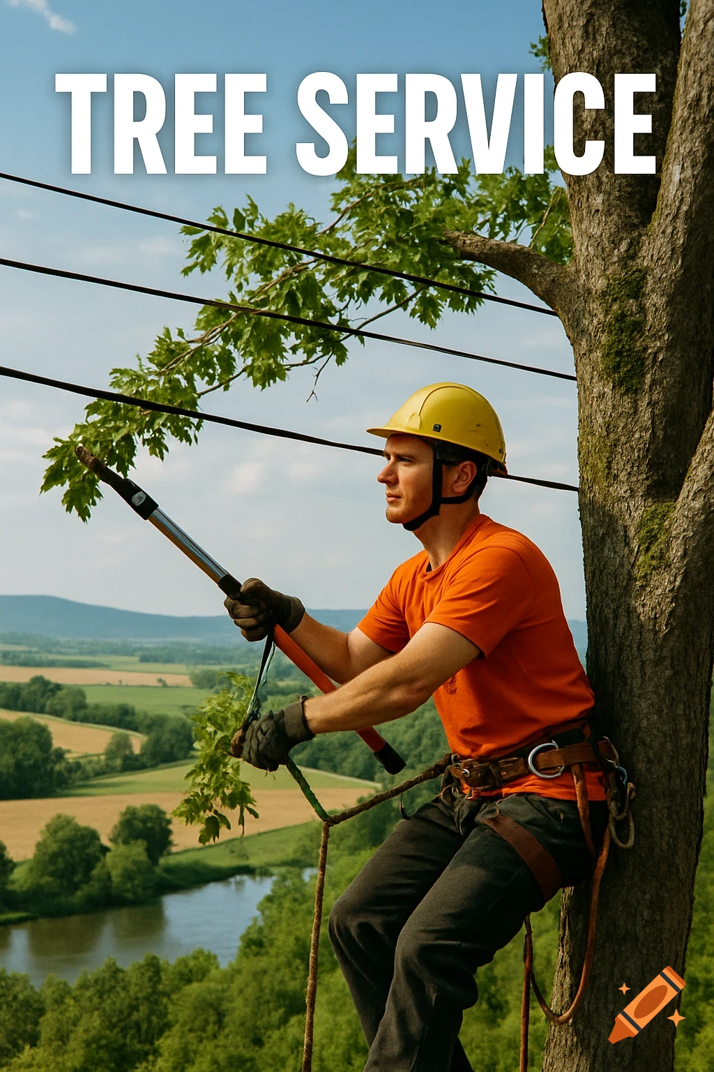 A logo with a large tree, two military helicopters, and a sunset with ...