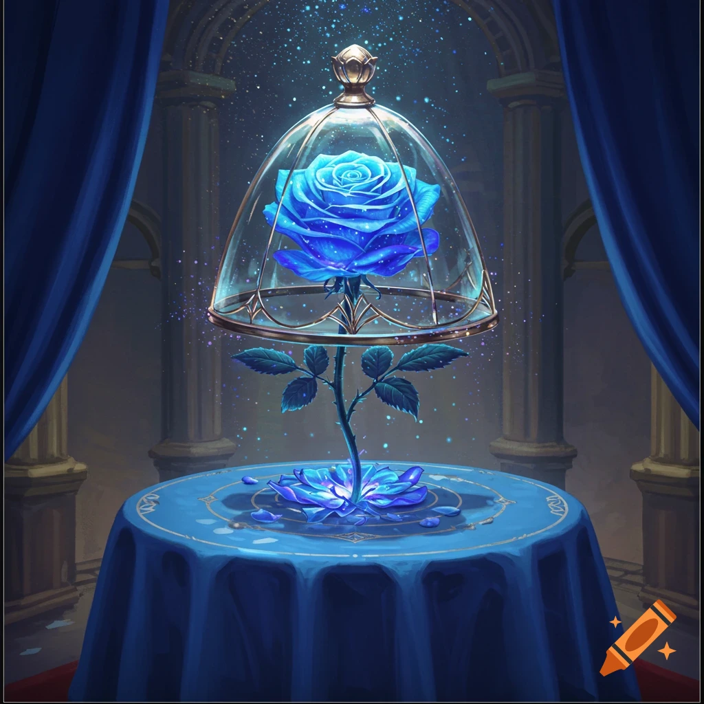 Magic blue rose under glass lid on ornate table on Craiyon
