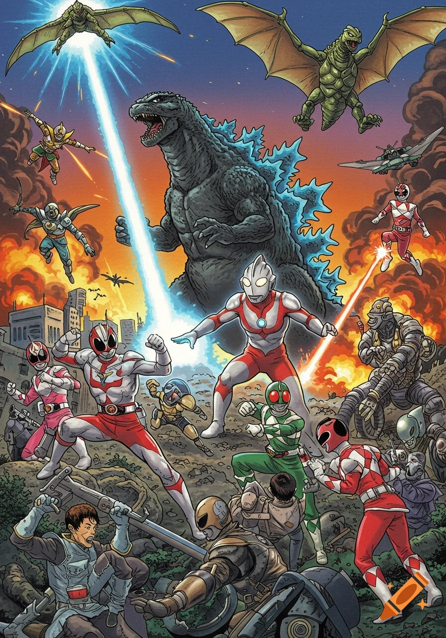 Godzilla with Ultraman, Gamera, Kamen Rider, and Power Rangers on Craiyon