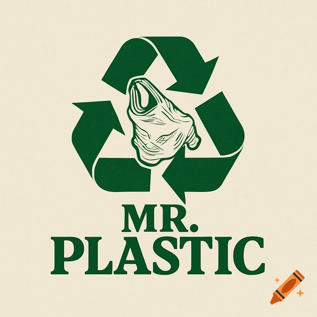 Mr. Plastic logo with recycling symbol and plastic piece in center on ...