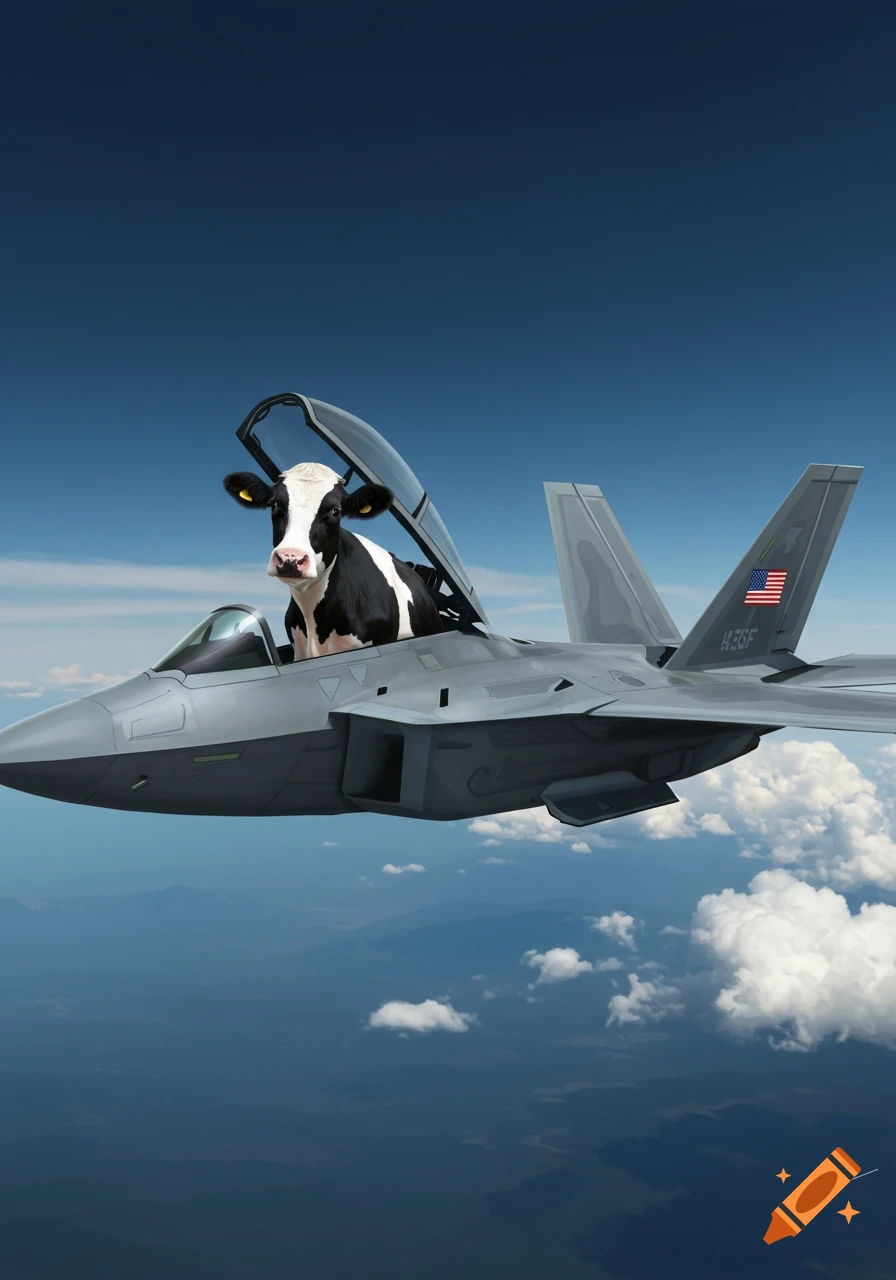 A black and white cow sits in the cockpit of a fighter jet flying ...