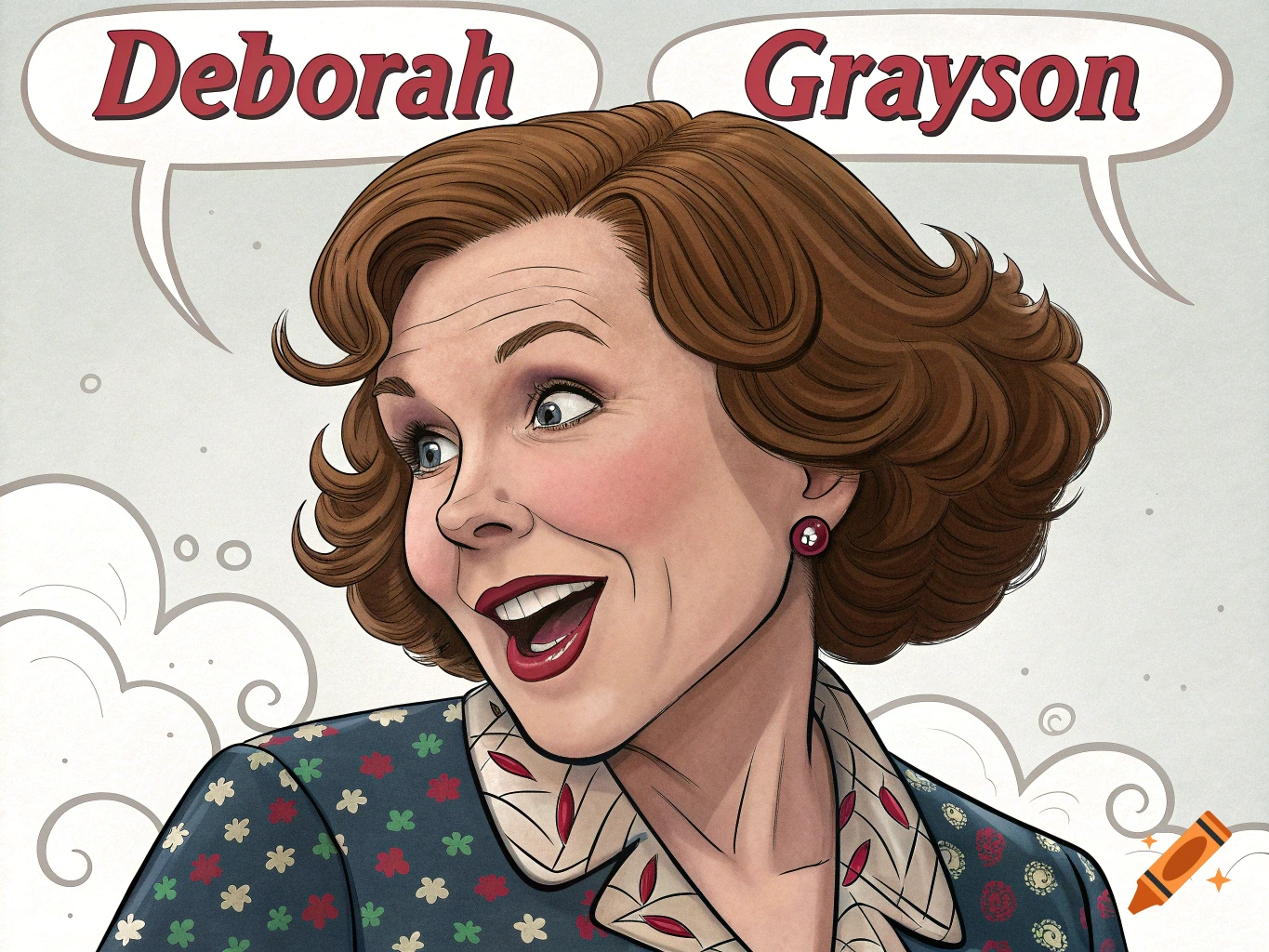 Comic illustration of a smiling woman with speech bubbles containing names Deborah and Grayson ...