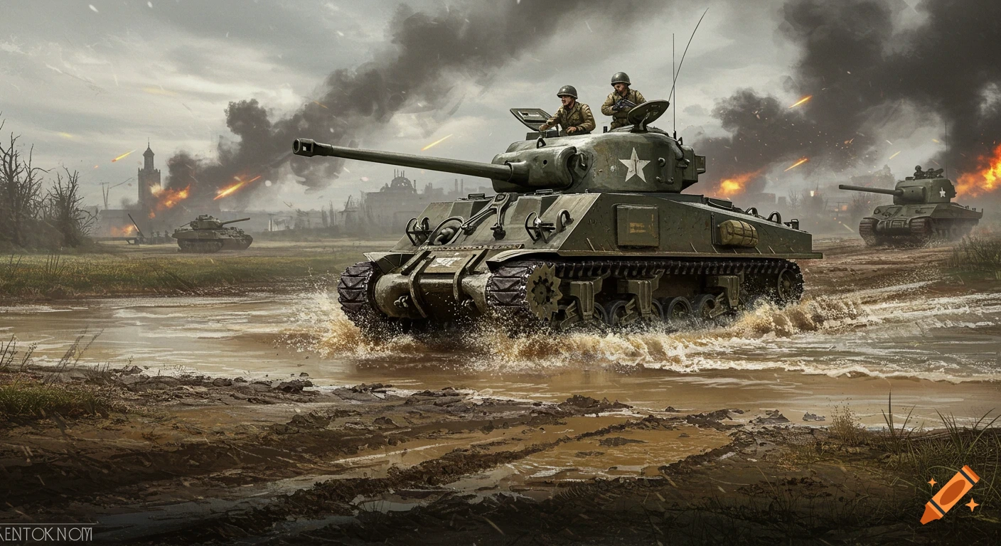 World War 2 street scene in London with tanks, soldiers, civilians, and ...