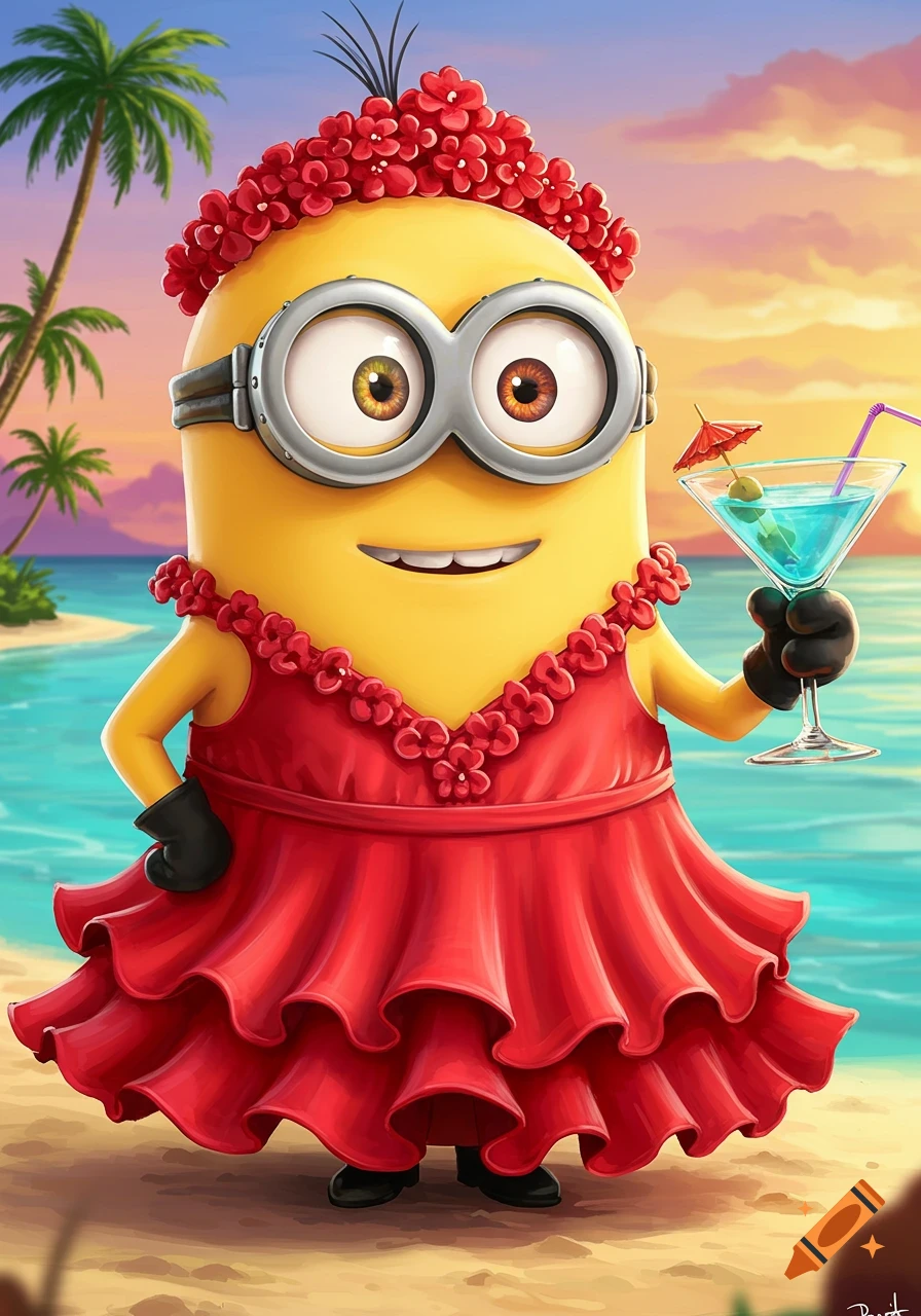 A Minion character in a red dress stands on a beach holding a blue ...