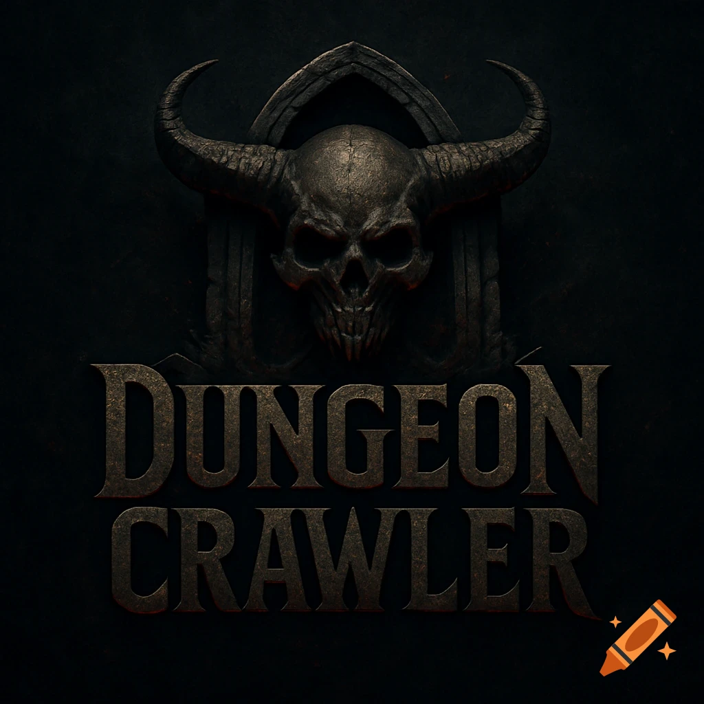 Dark fantasy logo for DUNGEON CRAWLER featuring a horned skull. on Craiyon