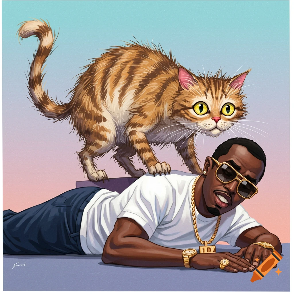 A cat crawling near a person resembling P Diddy sitting on a sidewalk ...