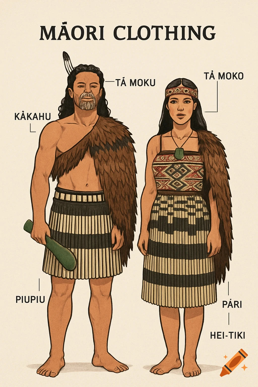 Illustration of a man and woman wearing traditional Māori clothing with ...