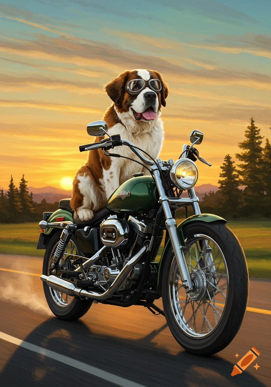 A St. Bernard dog wearing goggles is riding a green motorcycle down a ...