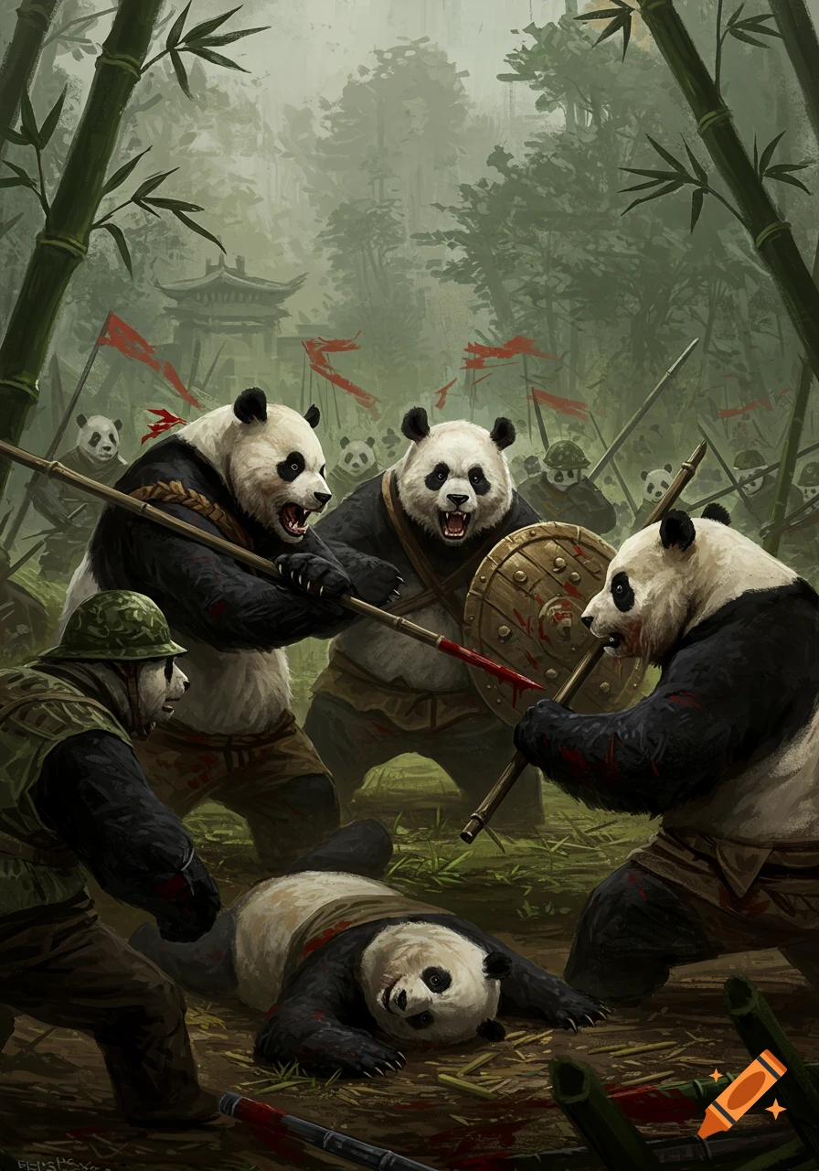 Illustration of pandas fighting a battle in a bamboo forest with spears ...