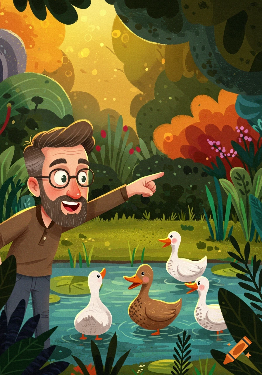 Illustration of a man pointing at three ducks in a pond on Craiyon